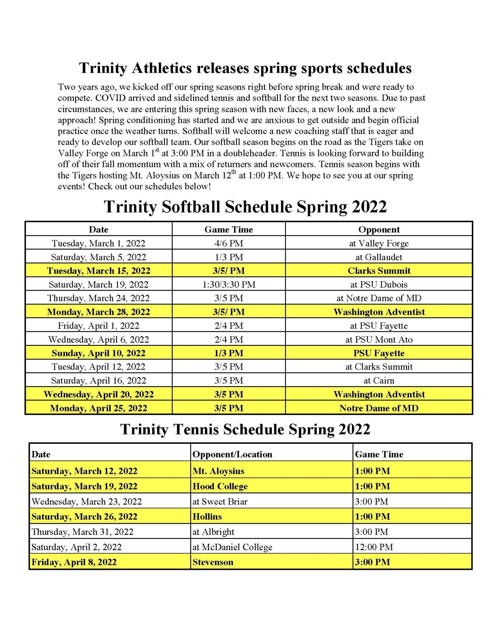 Trinity Athletics releases spring sports schedules | Athletics