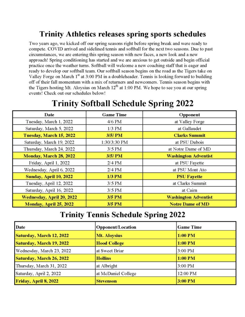 Trinity Athletics releases spring sports schedules | Athletics