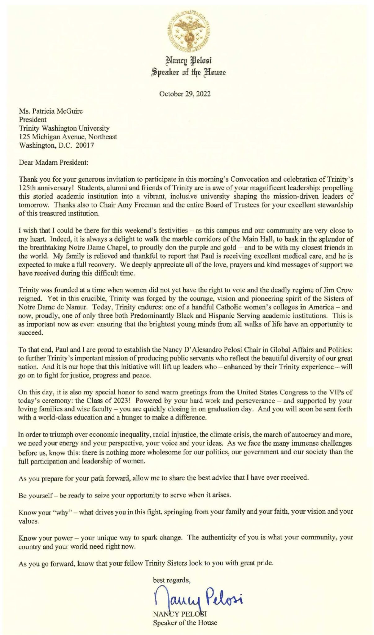 Letter from Speaker Nancy Pelosi ’62 | President's Office