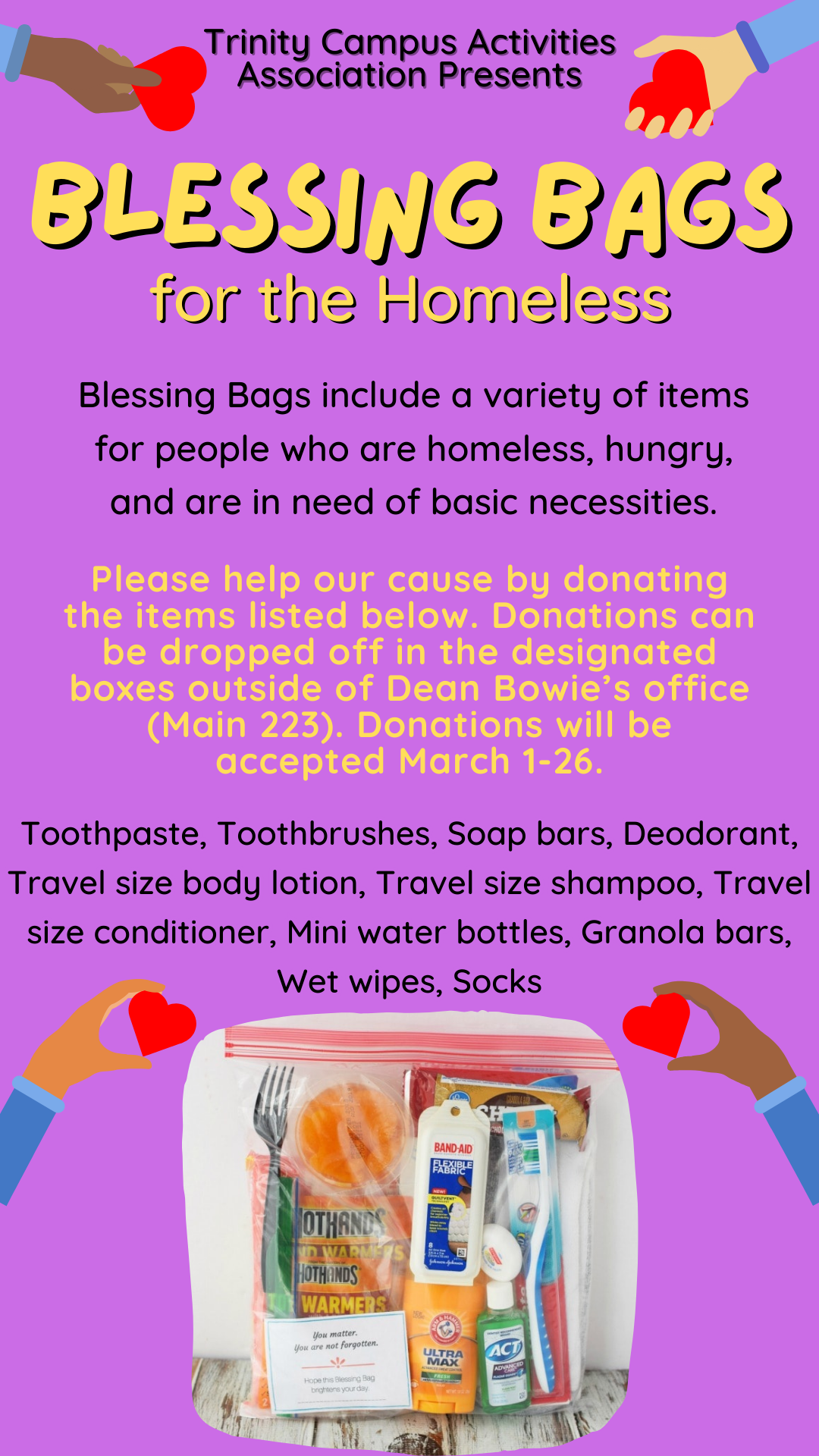 CAA Toiletry Drive: Blessing Bags for the Unhoused | Student Activities CAA Toiletry Drive: Blessing Bags for the Unhoused | Student Activities